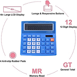 Office Desk Calculator 12 Digits with Solar Power and Easy to Read HD LCD Display, Big Buttons, for Financial Affairs,Home, Office, School, Class and Business,with Battery,Blue