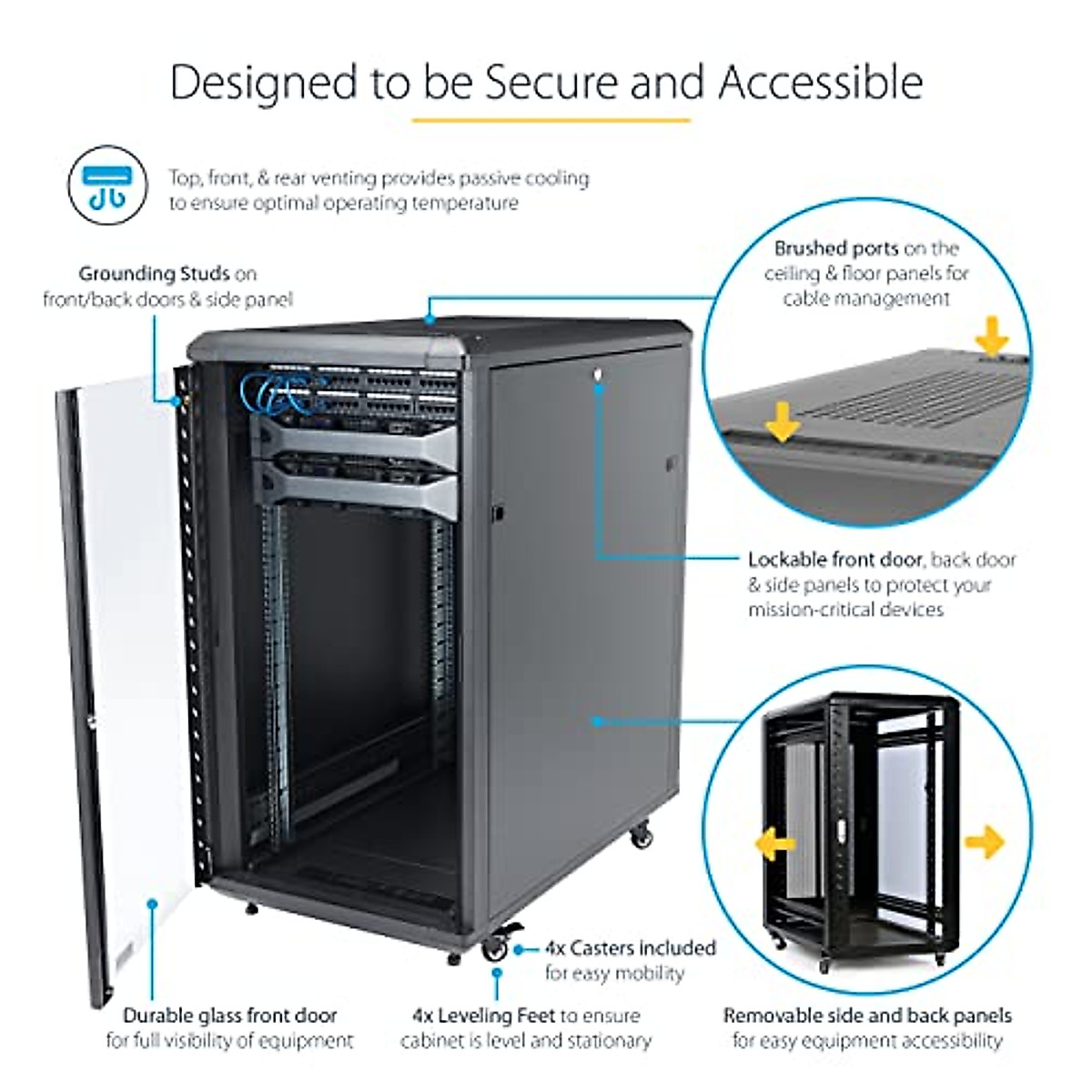 StarTech.com 22U Server Rack Cabinet with secure locking door - 4 Post Adjustable Depth (5.5" to 28.7") - 1768 lb capacity - 19 inch Portable Network Equipment Enclosure on wheels/casters (RK2236BKF)