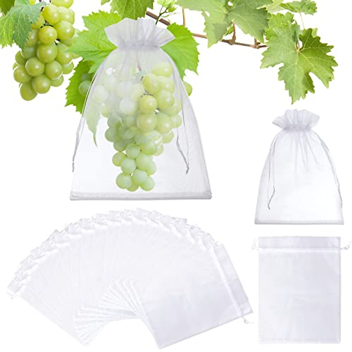 50 Pcs Fruit Protection Bags, 6x9" White Fruit Netting Bags for Fruit Trees Fruit Cover Mesh Bag with Drawstring, Netting Barrier Bags for Grapes Mango Fruit Trees Veggies Garden