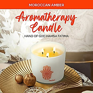 Moroccan Amber Scented Candles with 3 Wicks, Hand-Poured Aromatherapy Candle, Aesthetic Candles with Hamsa Design, Large Candle Made of Palm Wax, 50-Hour Burn Time, 14oz - OneSoul Collection