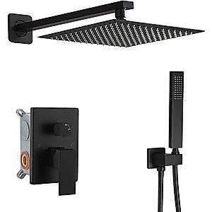 Heable Matte Black Shower System 12 Inches Bathroom Luxury Rain Shower Head with Handheld Combo Set Wall Mounted High Pressure Rainfall Shower Head System Shower Faucet Set with Valve and Trim