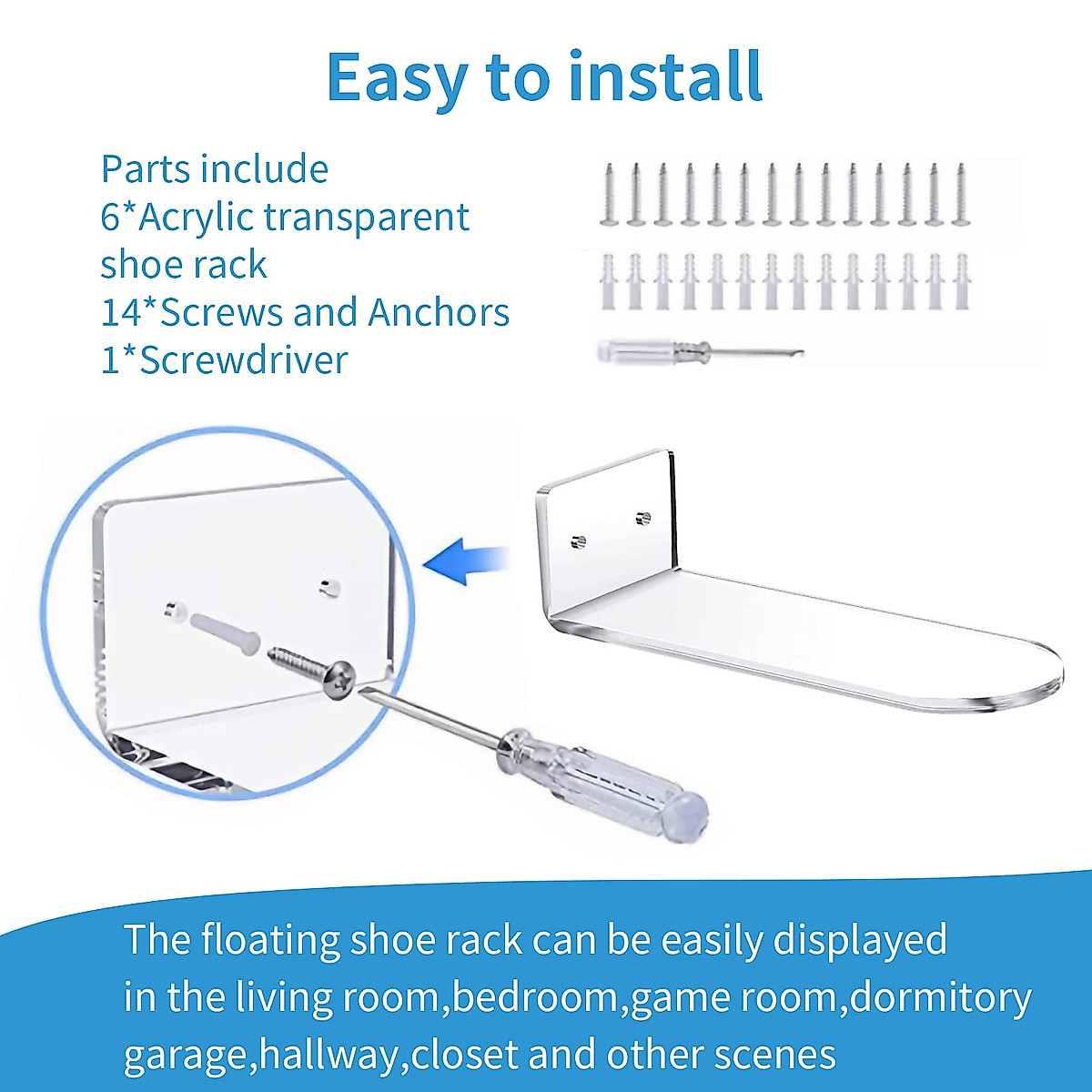 Guntsous 6 PCS Acrylic Floating Shoe Rack Wall Mount Display Shoe Rack Transparent Storage Rack for Home Use Sneaker Display Rack with Screws and Anchors