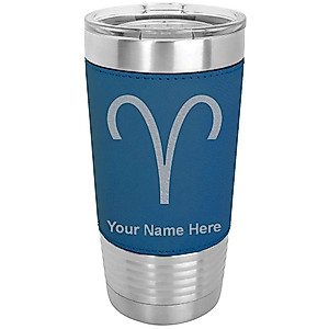 LaserGram 20oz Vacuum Insulated Tumbler Mug, Zodiac Sign Aries, Personalized Engraving Included (Faux Leather, Blue)