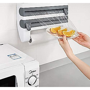 4-in-1 Wall-Mount Paper Towel Holder,Plastic Wrap Foil Dispenser,Wall-Mount Sauce Bottle Storage,Bathroom Organizer Storage,Shelf Adhesive Wall Mount,Rack Paper Towel Holder (Gray)