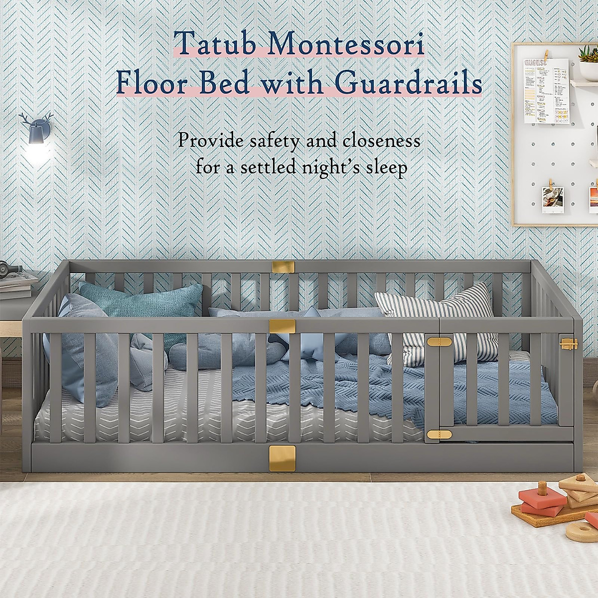 Tatub Montessori Twin Floor Bed with Safety Guardrails, Door Installs Left or Right - Grey Wood Frame