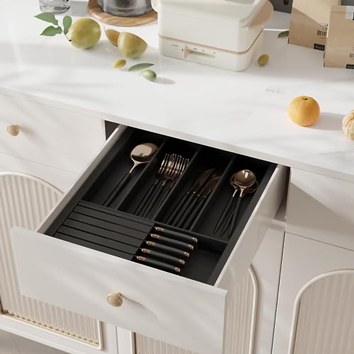 WUSHIZHUHUN Utensil Organizer Silverware Tray for Drawer - Bamboo Knife Drawer Organizer Expandable Cutlery Organizer in Drawer Knife Block W12.8-20.2" x L16 x H2 (Black)