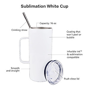 MAIKESUB 4 Pcs Sublimation Blank Skinny Tumbler 16 OZ White Mugs with Handle and Straw Double Wall Stainless Steel Coffee Travel Straight Mug with Sliding Lid