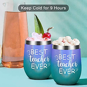 Qtencas Teacher Gifts, Best Teacher Ever Tumbler with Lid, Thank You Appreciation Gifts for Teacher Women on Birthday Christmas, 12 Oz Insulated Stainless Steel Wine Tumbler, Glitter