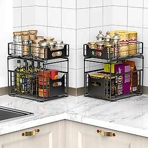 PIGTAB Metal Under Sink Organizer, 2 Sets of 2-Tier Multi-Purpose Bathroom Organizers and Storage, Pull Out Kitchen Organizers and Storage, Cabinet Organizer for Kitchen, Bathroom, Black