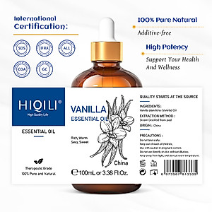 HIQILI Vanilla Essential Oil, Undiluted Natural Strong Fragrance Add in Skin Perfume, Unscented Lotion, Candle Soap Making Scent, Relax at Home with Diffuse Warm Sweet Aroma-100ML