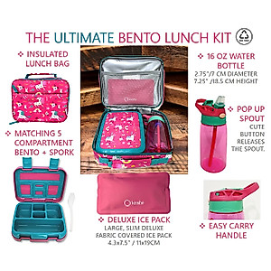 Bundle of kinsho Bento Lunch Box with Insulated Bag, Water Bottle&Ice Pack Set (Pink Unicorn) + Pencil Case for Girls, Cute Pouch Box Bag for Little Kids (Pink Unicorn)