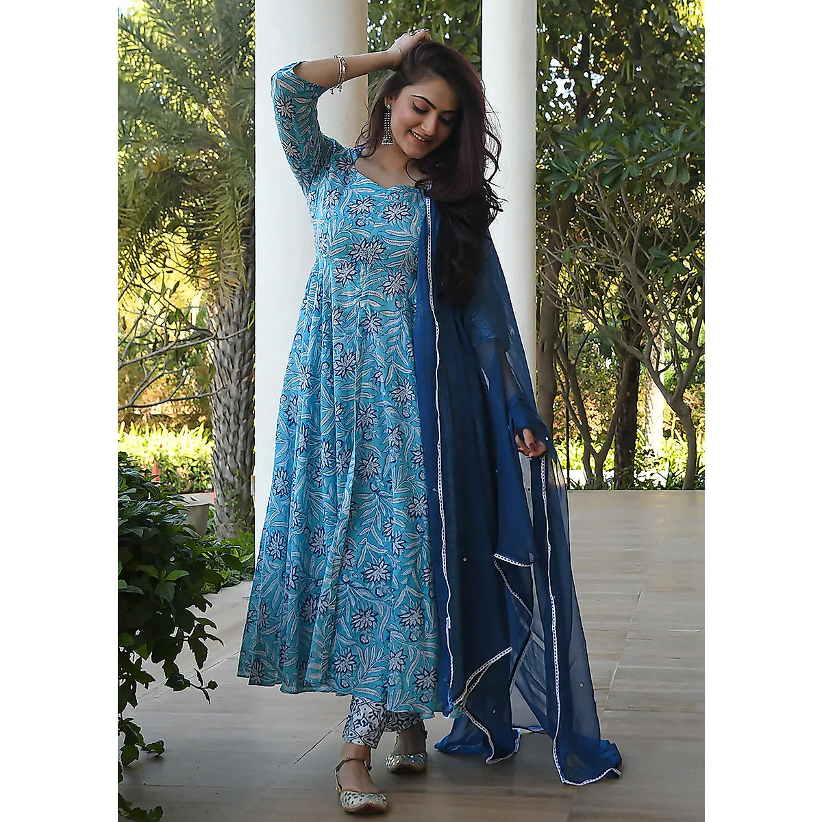 Elina fashion Indian Kurti for Womens With Pant & Dupatta | Rayon Printed Long Kurta Partywear Kurtis Tunic Tops Cyan