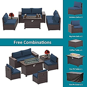 ASJMR Outdoor Patio Furniture Set with Gas Fire Pit Table, 7 Pieces Patio Furniture Set Outdoor Sectional Sofa w/43in Propane Fire Pit, PE Wicker Rattan Patio Conversation Set - Dark Blue