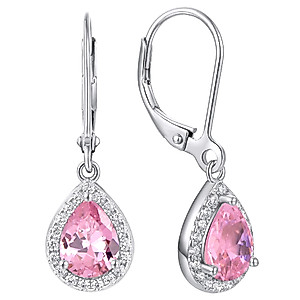 YL Women's Dangle Drop Earrings Sterling Silver Solitaire Leverback Earrings Halo Teardrop Created Pink Tourmaline Jewelry Gifts