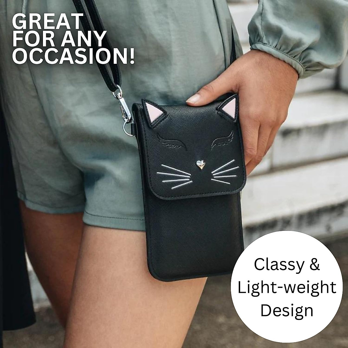 Save the Girls Cell Phone Purse Charming Cat Design (Black) - Touch Screen Women’s Crossbody Handbags (Just For Fun) - Phone Bag & Crossbody Phone Strap (Cat Purse)