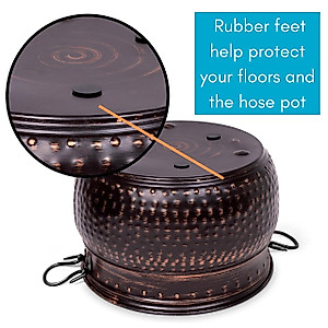 BIRDROCK HOME Decorative Water Hose Holder with Lid | Holds 200ft Hoses | Distressed Bronze | Ground Garden Hose Pot | Handle | Embossed | Steel Metal with Copper Accents | Outdoor or Indoor Use