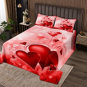 Red Heart Bedspread King Size Valentine's Day Gifts Bedding Set 3pcs for Girls Women Adult Room Decor Couple Wedding Comforter Set Romantic Pink Quilt Set,2 Pillowcases