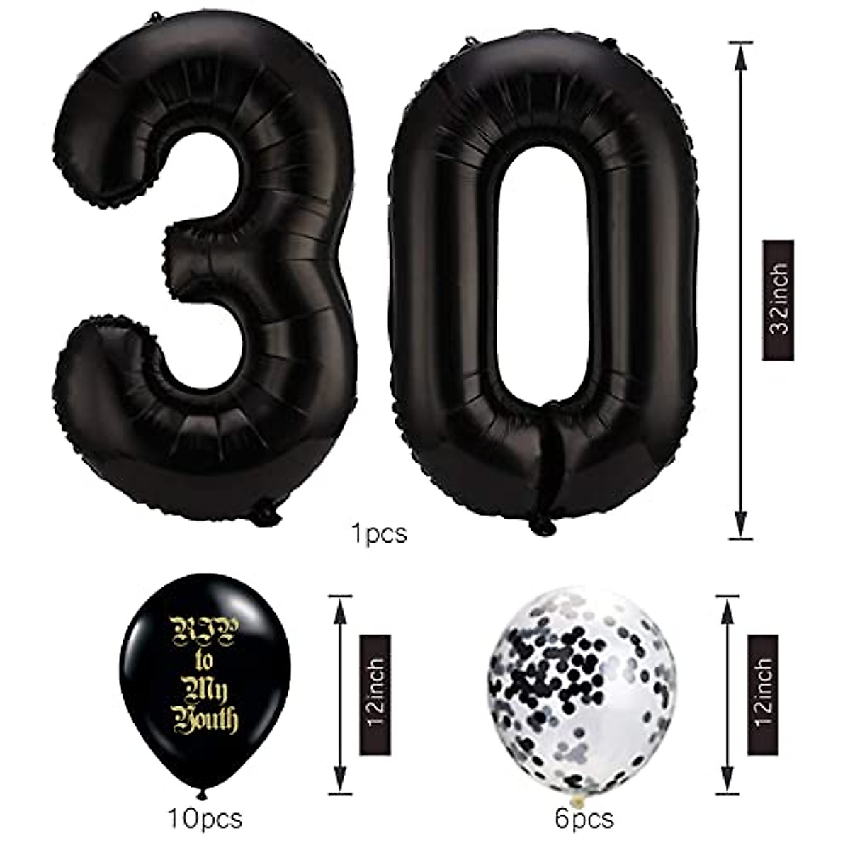 Death to My 20s Decorations, 30th Birthday Decorations for Him with Rip to My 20s Sash,30 Number Balloons Death to My Twenties Banner,Black and White Foil Balloons
