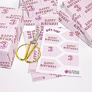 CENTRAL 23 Birthday Wrapping Paper For Girls - 6 Sheets Pink Wrapping Paper - Age Three - Happy 3rd Birthday Gift Wrap For Her - Comes With Stickers - Recyclable