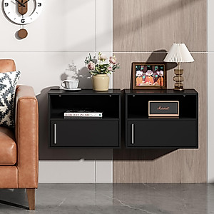 JAXPETY Wall Floating Nightstand Set of 2 Modern Side Table Wall Mounted Shelf with Cabinet Storage for Living Room, Bedroom, Dorm, Black