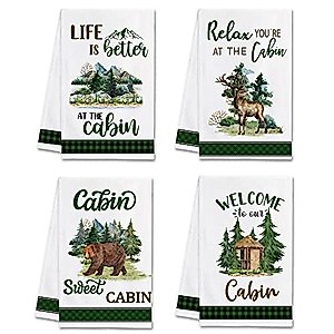 Hexagram Cabin Decor, Cabin Kitchen Towels Set of 4, Farmhouse Bear Deer Tea Towels, Log Cabin Decor, Rustic Decorative Hand Towels for Kitchen, New Home Housewarming Gifts