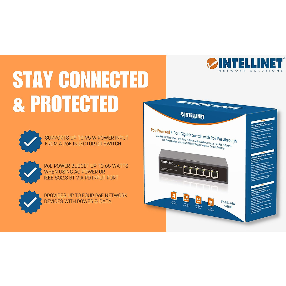 Intellinet PoE++ Powered 5 Port Gigabit Ethernet Switch with PoE Passthrough - 65W Power Budget via AC Power & 95W Power Budget via POE PD, 30W per Port, Fanless & Quiet–3 Yr Mfg Warranty-561808
