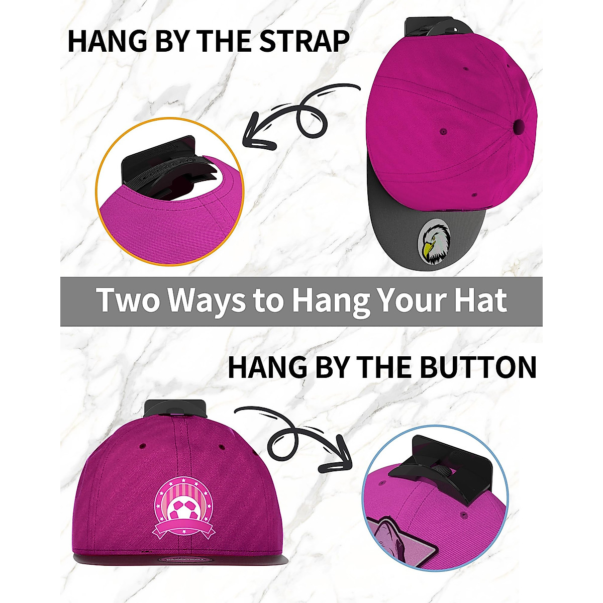 Quzhunoo 2-in-1 Hat Hooks (10PCS), No Drilling Hat Holder, Strong Adhesive Hat Rack for Wall Use, Hat Racks for Baseball Caps, Hat Organizer Display for Wall, Door, Closet, Black