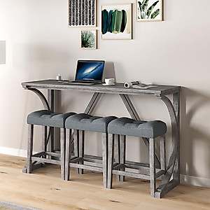 Knocbel Industrial 3-Person Counter Height Bar Table Set with Power Outlet, 4-Piece Dinette Set with Padded Seat Stools, Apartment Condo Small Space Pub Bistro Dining Furniture Set (Gray)
