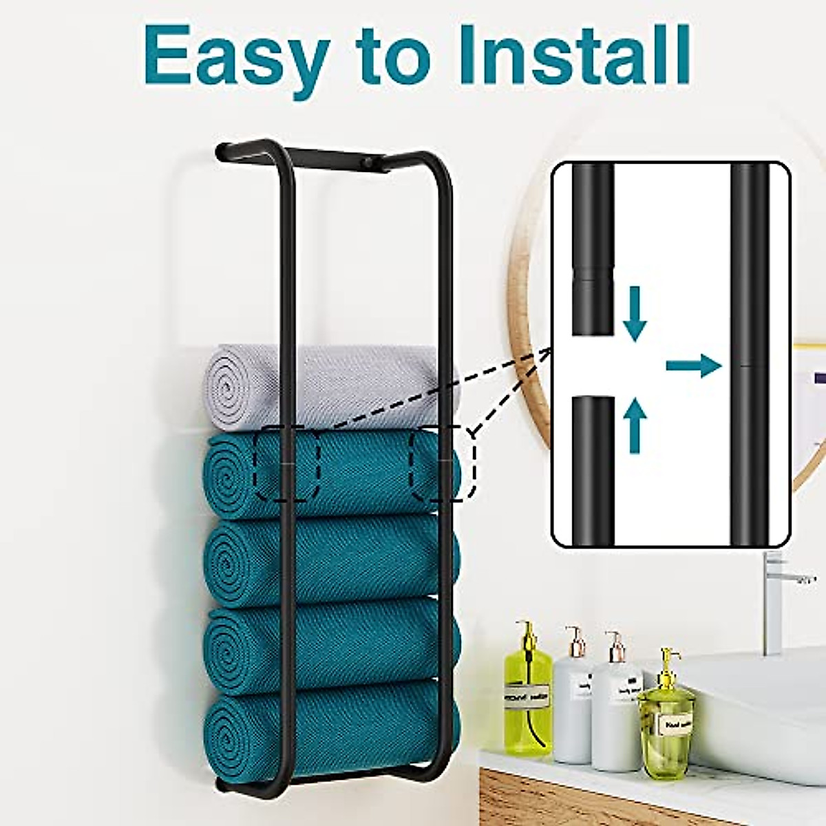 OFFSIR Towel Rack Wall Mounted, Bathroom Towel Storage, Stainless Steel Towel Racks for Bathroom, Bath Towel Holder Organizer for Folded Large Towel Washcloths, Easy to Install, Black