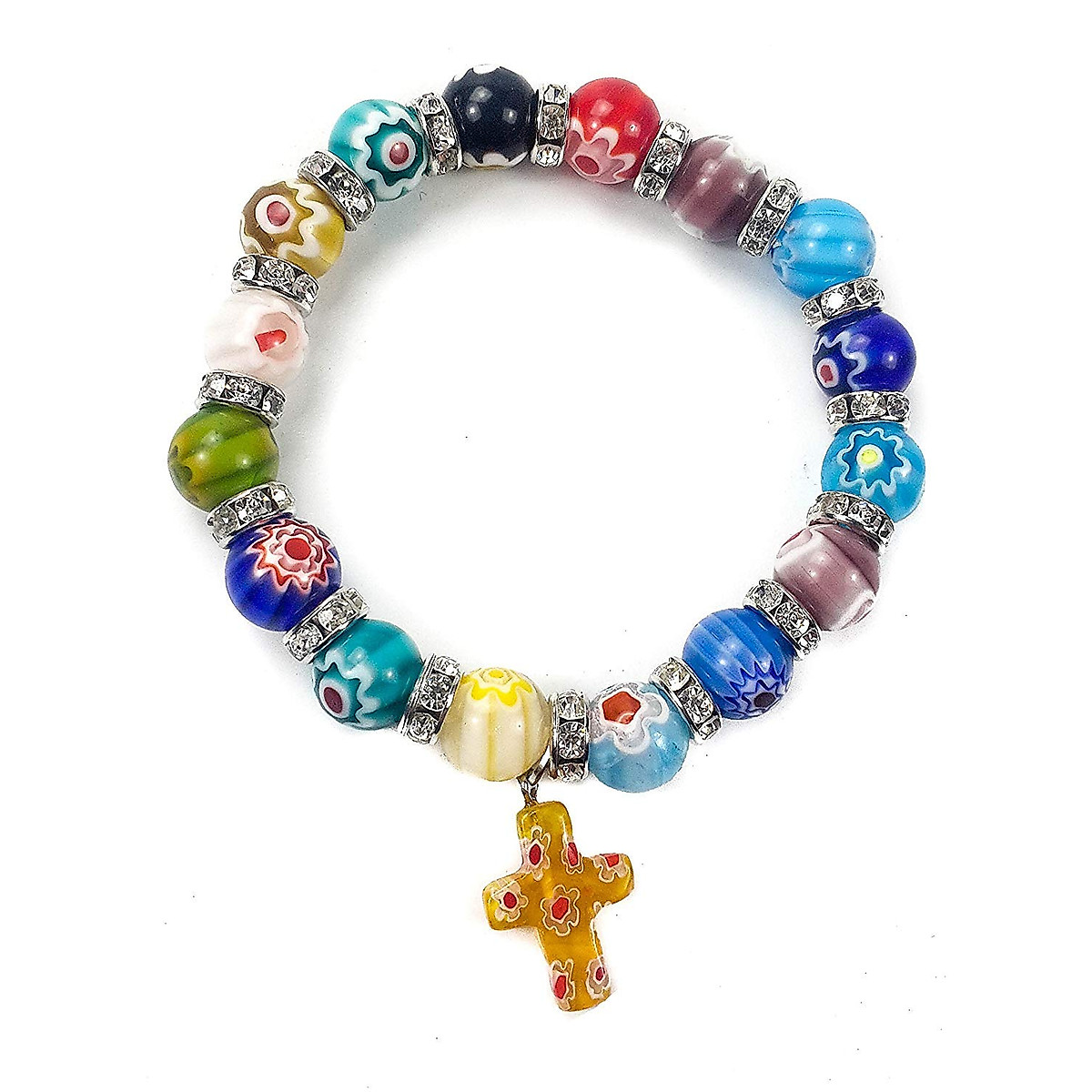 Nazareth Store Colorful Agate Stone Flower Beads Bracelet with Hanging Genuine Cross Spiritual Religious Gifts for Women and Men
