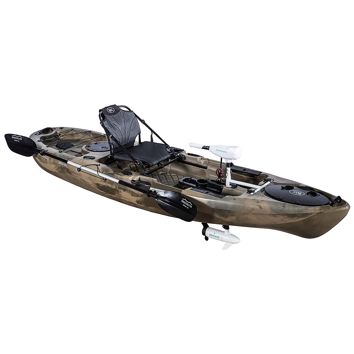 BKC PK11 Angler 10.5-Foot Sit On Top Solo Fishing Kayak w/Trolling Motor, Paddle, and Upright Aluminum Seat (Green Camo)