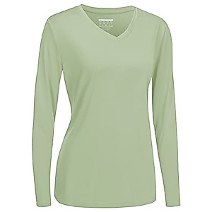 TACVASEN Women T Shirts Long Sleeve Sun Protection Shirts V Neck Workout Shirts Running Shirts UPF 50+ Shirts Hiking Shirts Quick Dry Athletic Shirts Rash Guard Gym T-Shirt Light Green