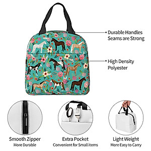 srufqsi Horses And Flowers Lunch Bag Insulated Water-Resistant Tote Bag Reusable Lunch Box For Picnic Travel