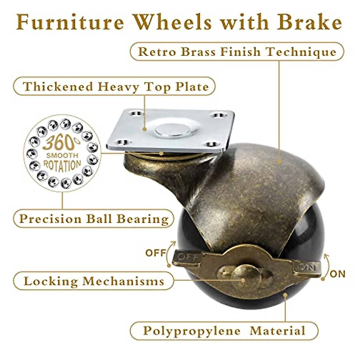 JGJC Casters Set of 4, Antique Brass Casters with Brake, 2 Inch Ball Castor Wheels for Furniture Casters Vintage Wheels Heavy Duty, Table Caster with 360 Degree Swivel Top Plate
