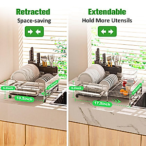 eWonLife Dish Drying Rack, Extendable Dish Racks for Kitchen Counter, Stainless Steel Dish Drainers, Compact, Rust-Proof, Dish Strainer with Sponge, Cutlery Caddy (Silver)