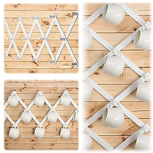 Dseap Accordian Wall Hanger: 16” High Wooden Wall Expandable Coat Rack, Hat Rack Holder, Accordion Hook for Baseball Caps, Coats, Mugs, 14 Peg Hooks, White