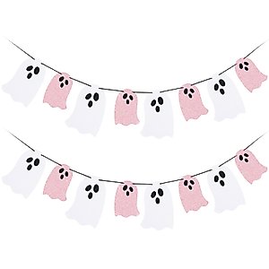Halloween Hanging Ghost Banner White Pink Glitter Halloween Party Ghost Banner for Haunted Houses Doorways Indoor Outdoor Home Decor Haunted Mansion Halloween Ghost Decorations (2 Pack)
