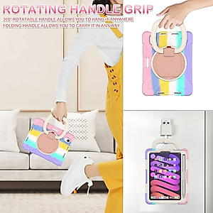 BATYUE Case for iPad Mini 7 (A17 Pro) 2024/ iPad Mini 6 (A15 Bionic) 2021 8.3 inch, Shockproof Case for iPad Mini 7th/6th Gen with Pencil Holder/ 360° Swivel Stand/Shoulder Strap - Colourful Pink