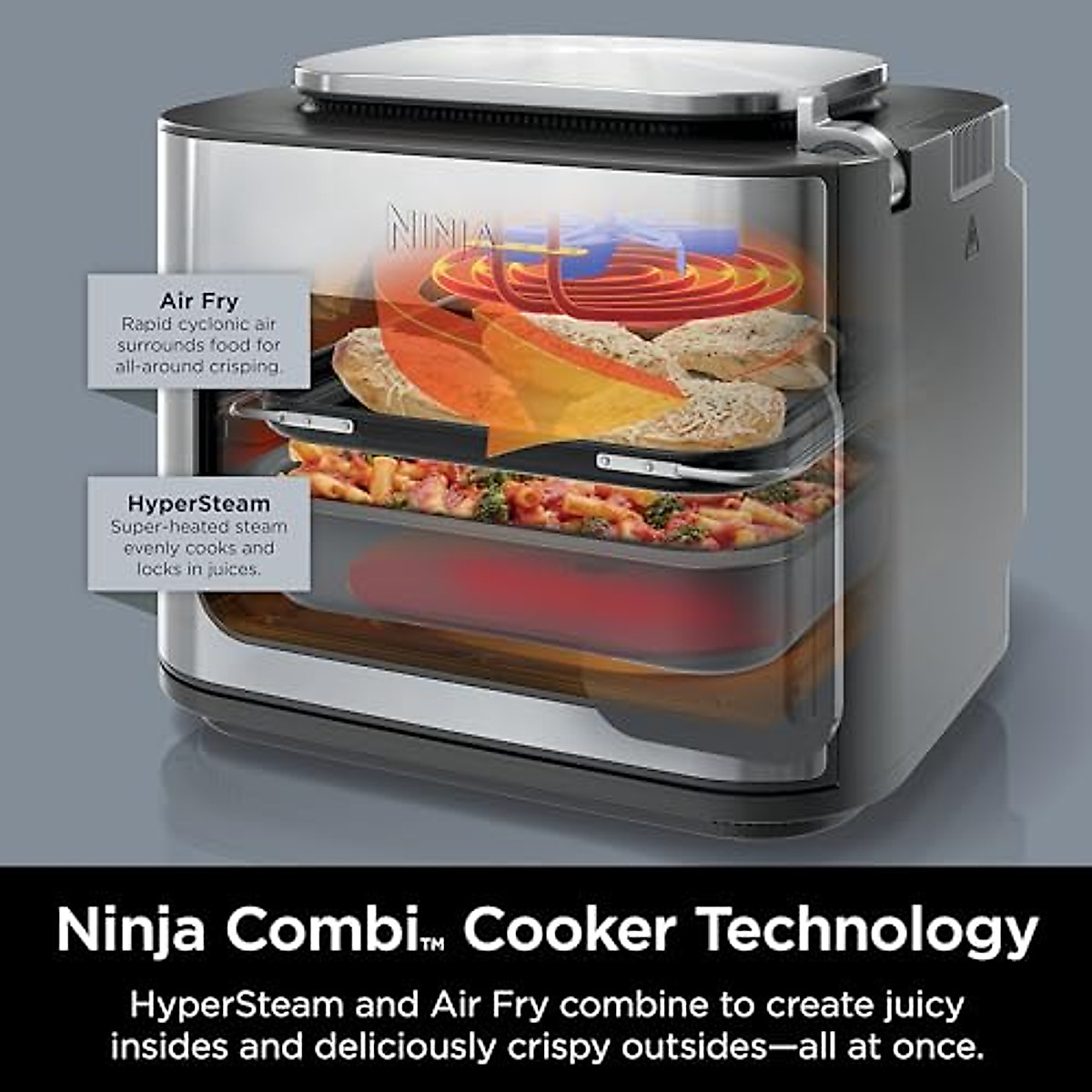 Ninja Combi All-in-One Multicooker, Oven, & Air Fryer, Complete Meals in 15 Mins, 14-in-1 Functions, Combi Cooker + Air Fry, Bake, Roast, Slow Cook and More, 3 Accessories, Stainless Steel, SFP701