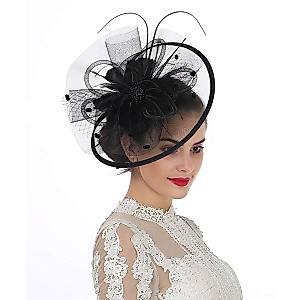 Lucky Leaf Women Girl Fascinators with Hair Clip Hairpin Hat Bowknot Feather Flower Veil Cocktail Wedding Tea Party Hat (8-Black)