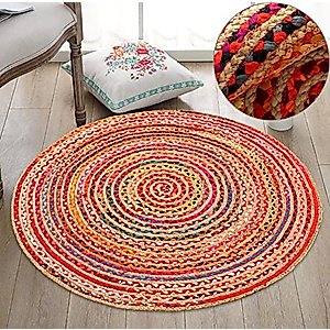 Jute Chindi Round Braided Rug, Hand Woven Reversible Natural Recycled Cotton Rug, Boho Farmhouse Rustic Accent Throw Rug, Decorative Multi Color Area Rug for Kitchen Living Room Bedroom -4 Feet Round
