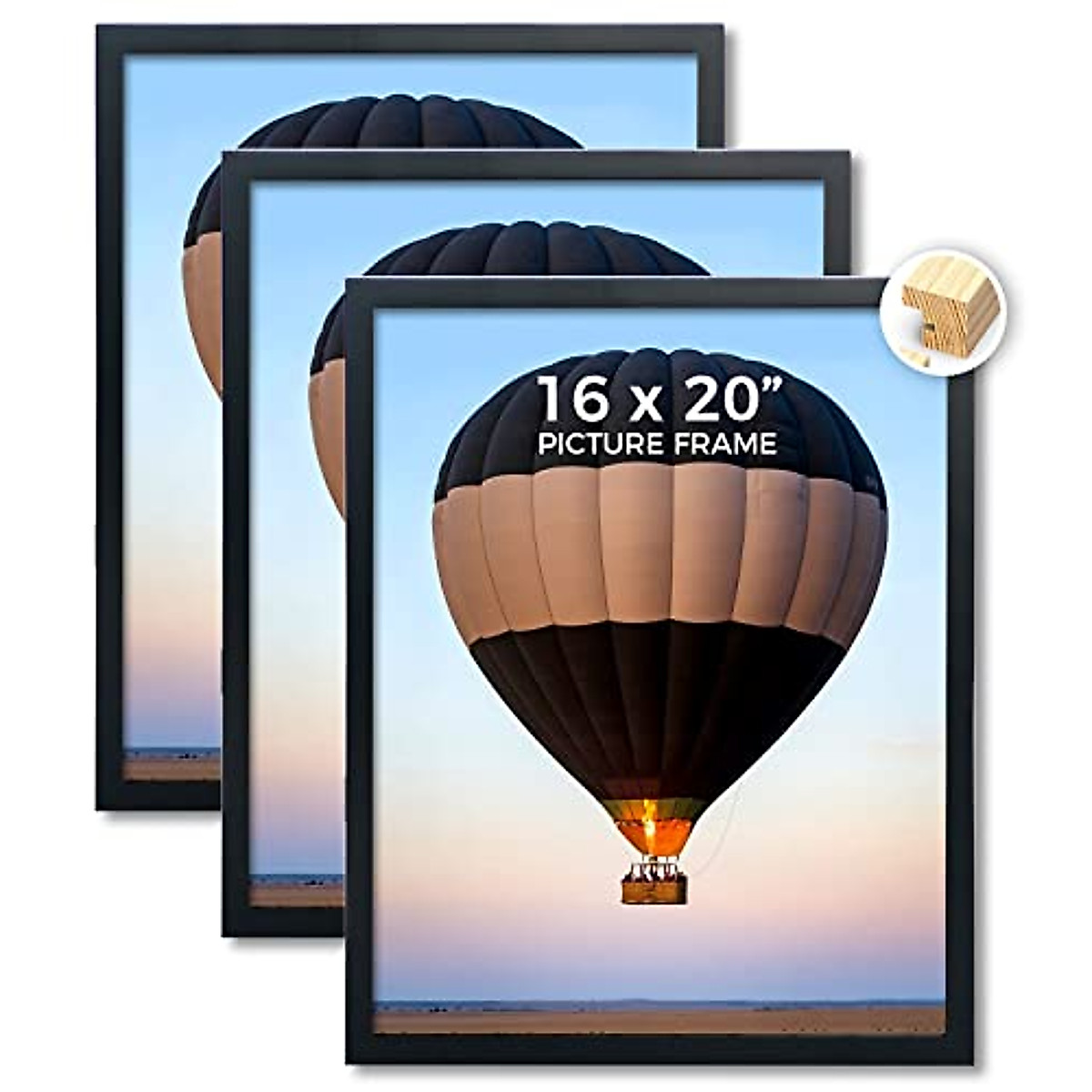 JD Concept Wood 16x20 Black Picture Frame 3 Pack - Gallery Wall Frame Set - Suitable for Horizontal and Vertical Hanging 16 x 20 Poster Photo