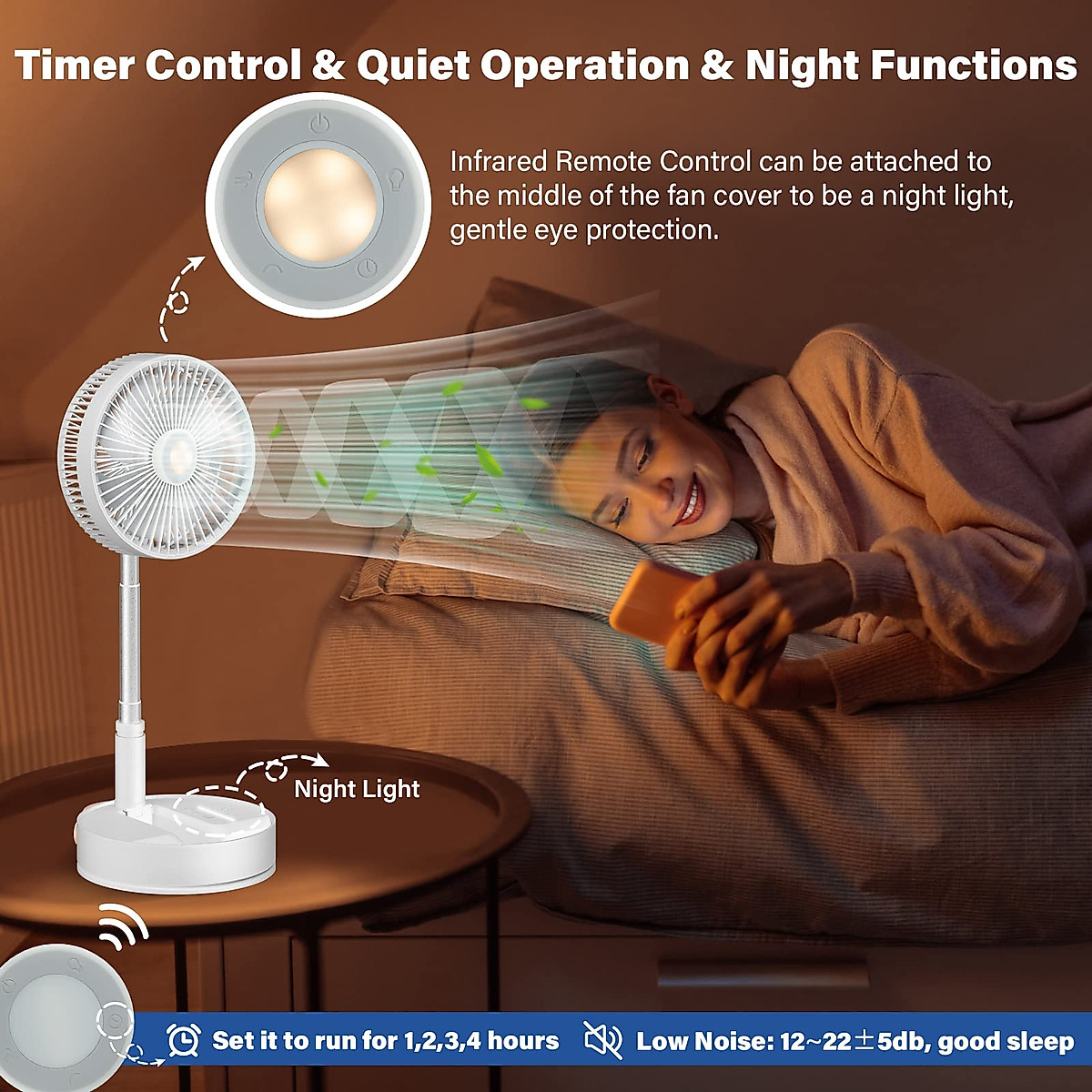 Portable Oscillating Standing Fan with Remote Light Timer, Rechargeable 7200mah Battery Operated Fan Personal Foldaway Fan Cordless Small Desk Floor Fan Pedestal Fans for Room Office Camping Travel