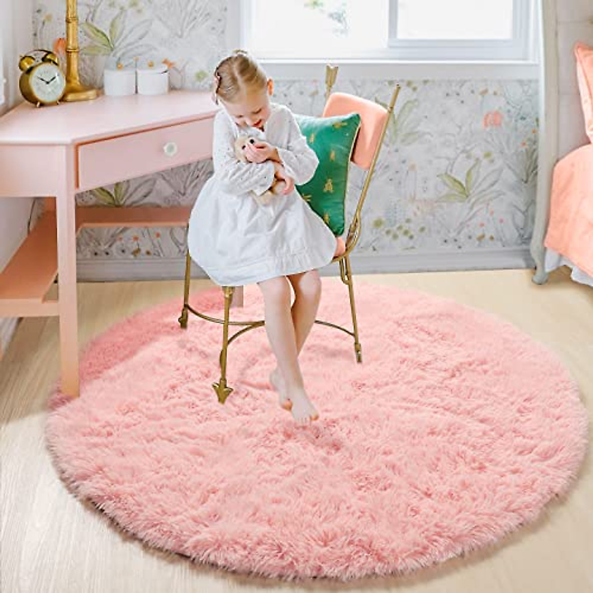ONASAR Pink Round Area Rug 4ft, Soft Bedroom Circle Rugs Floor Mats for Kids Girls Teen Room, Cute Fluffy Plush Shaggy Carpet for Baby Nursery Living Room Playroom Home Decor Princess Castle
