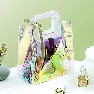R-LOMU 5pcs Clear Iridescent Reusable Gift Bag 11 x 9.8 x 5.1 Inches Holographic Large Handbag Gift Wrap Bags Pvc with Handle for Party,Birthday,Christmas,Travel, Festival,Wedding, Shopping