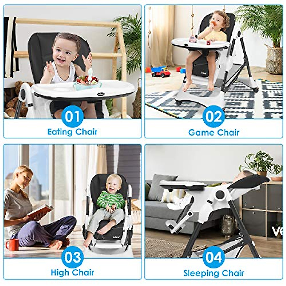 INFANS High Chair with One-Hand Removable Tray, 4 Lockable Wheels & Large Storage Basket - Multi-Adjustable Height, Recline & Footrest, Removable Cushion, Foldable for Baby, Infant& Toddler, Grey