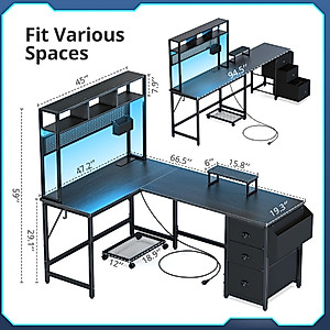 DOMICON Gaming Desk Computer Desk with Pegboard & Shelves Large L Shaped Desk with Drawers, Gaming Desk with Power Outlet & LED & Monitor Stand & Mobile CPU Stand, Corner Deck for Home Office Black