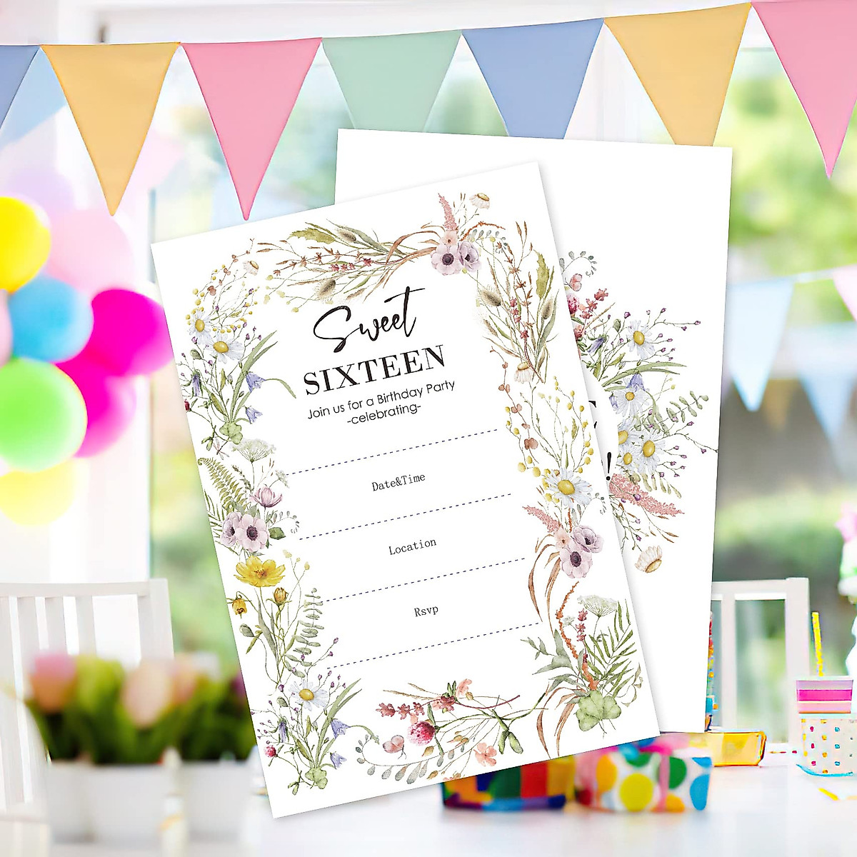 AEHIE 16th Birthday Garden Wildflowers Invitation Cards with Envelopes, 20 Count, Multicolor