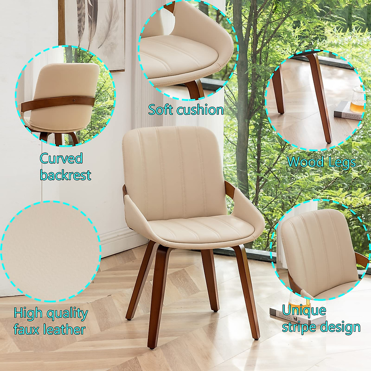 YOUUGIOR Mid Century Modern Faux Leather Upholstered Dining Chairs,Armless Accent Chairs with Sturdy Natural Wood Legs,Bamboo Backrest Support for Kitchen&Dining Room Chairs(Set of 4,Beige)