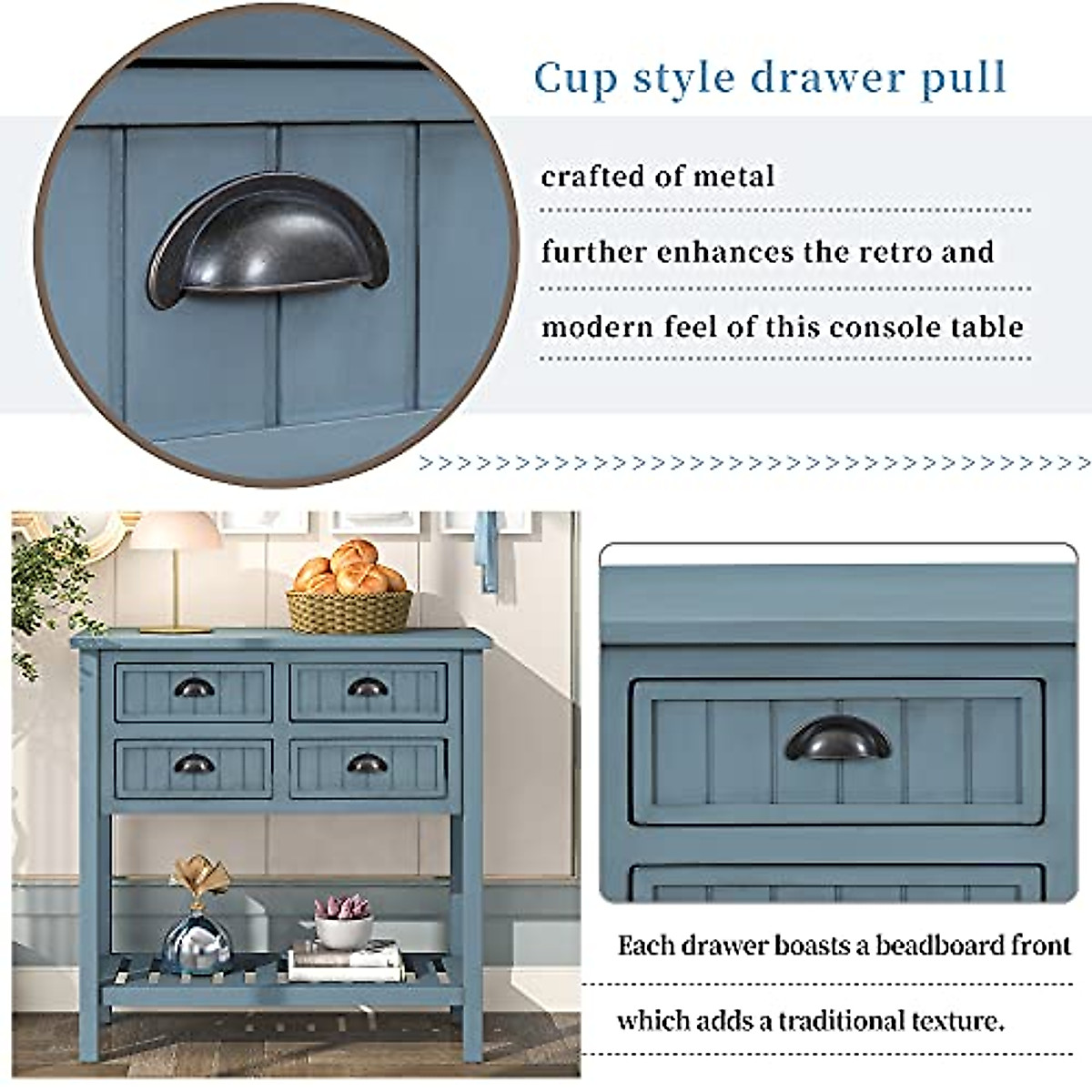 Merax Navy Classic Buffet Sideboard, Wood Cabinet, Console Table with Storage Shelf, 4 Drawers for Living Kitchen Dining Room, Type 10